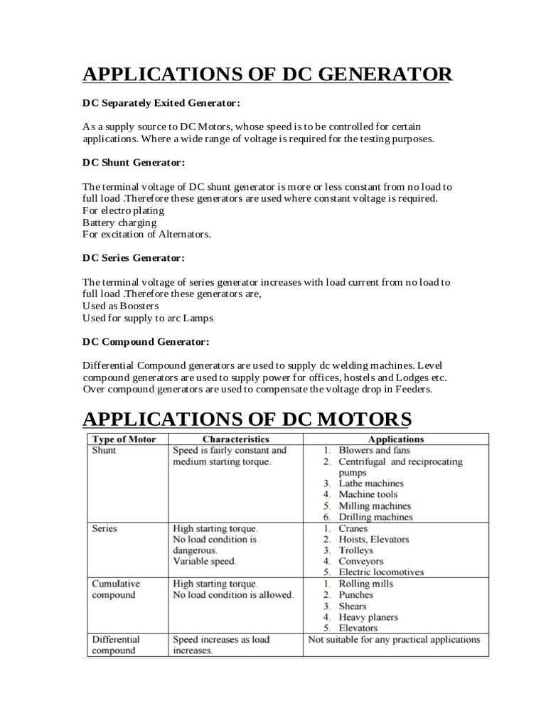 Applications of DC Generators & Motors | PDF