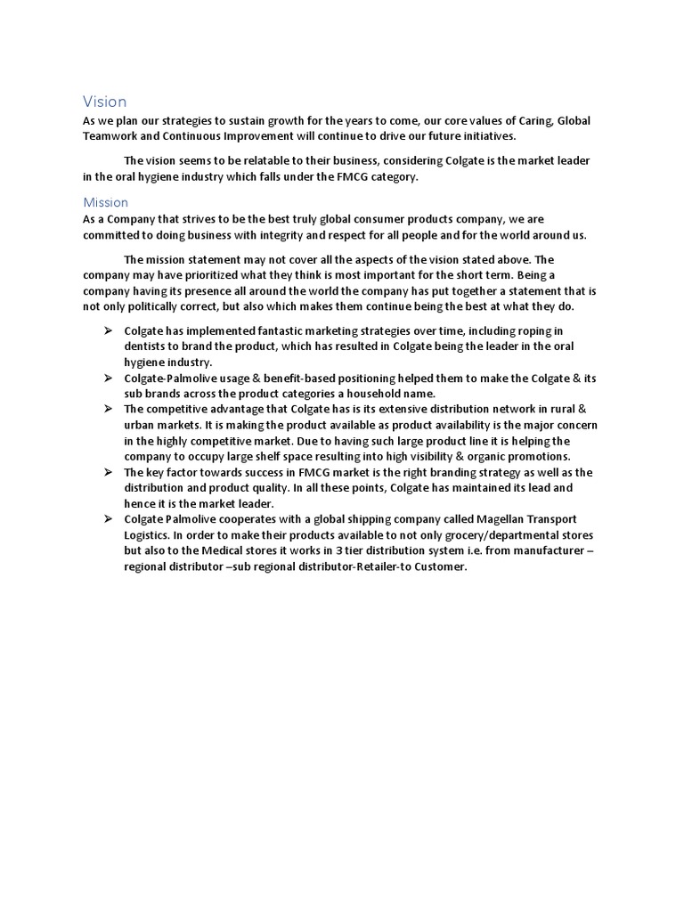 An Analysis of Colgate's Vision, Mission and Strategies for Long-Term ...