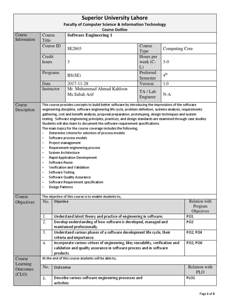Course Outline - Software Engineering 1 (BSCS-Fall17) | Download Free ...