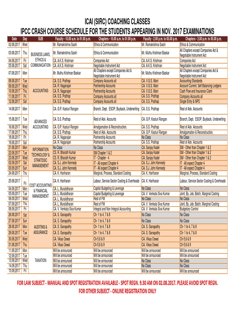 IPCC Crash Course Schedule Aug-Sep 2017 | PDF | Accounting | Service ...