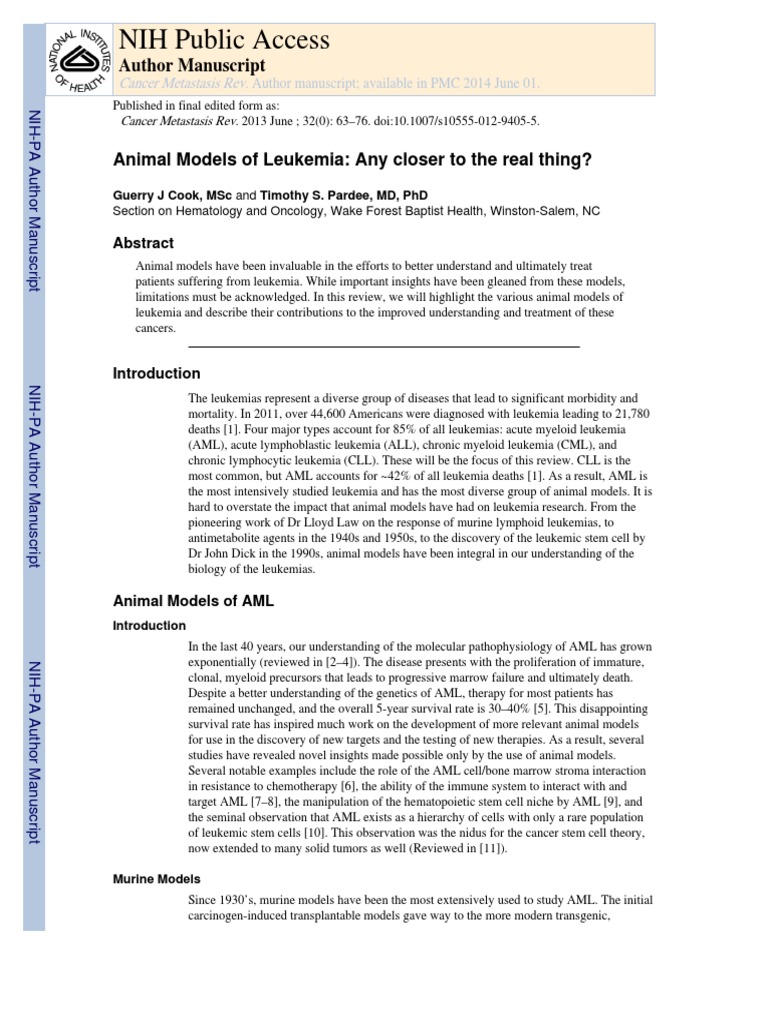Animal Models in Leukemia Research | PDF | Leukemia | Cell Biology