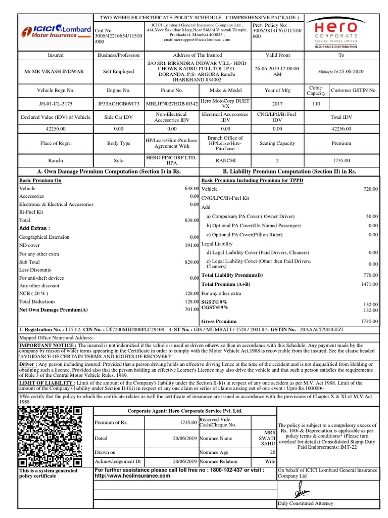 W Hero Scooty Insurance | PDF | Insurance Policy | Insurance