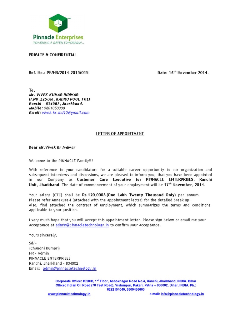 Offer Letter Vivek KR Indwar 16112014 | PDF | Trade Secret | Salary