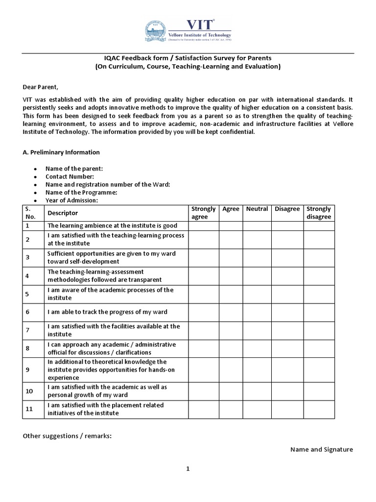 IQAC Feedback Form For Parents - VIT Final | PDF