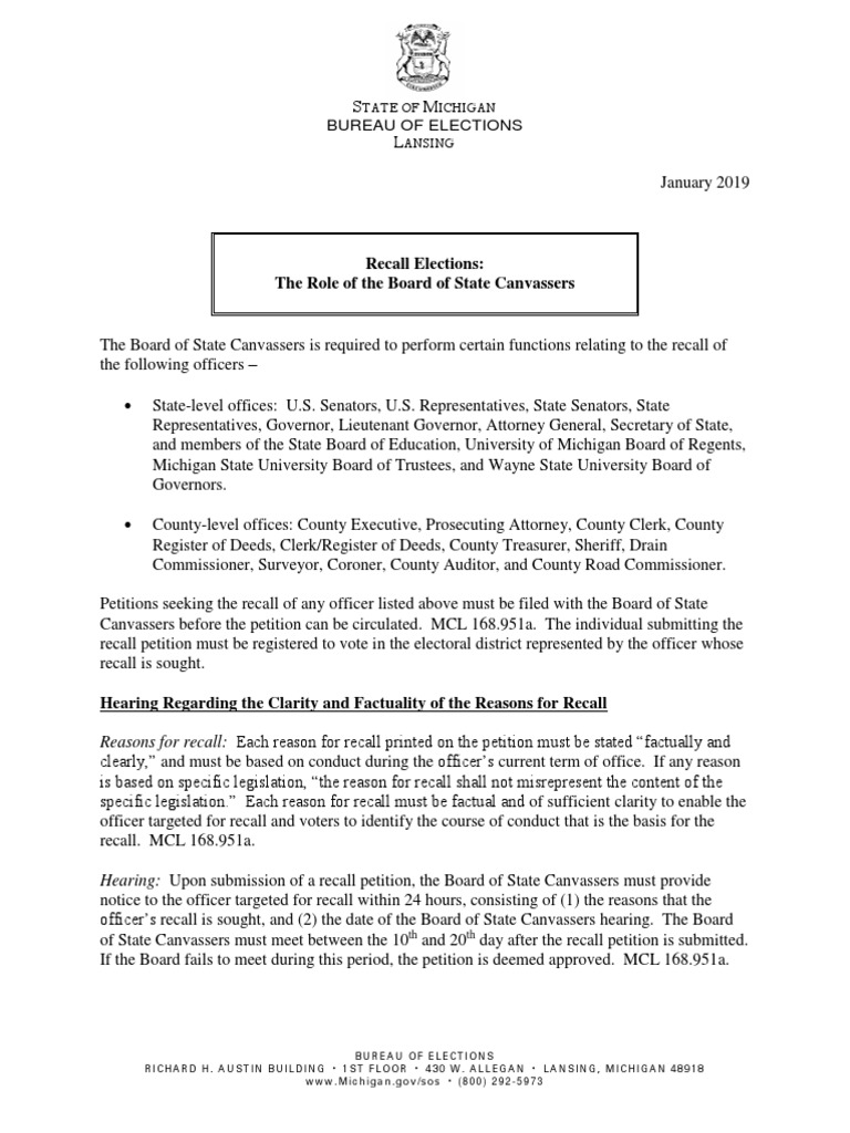 Recall Elections: The Role of The Board of State Canvassers | PDF ...