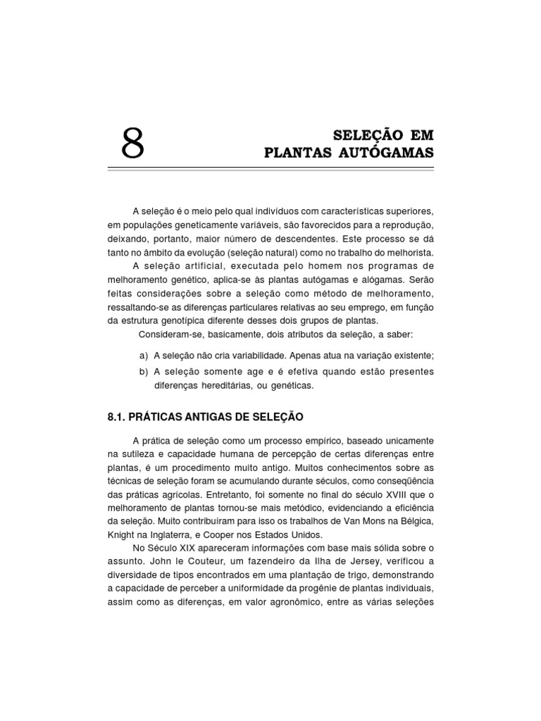 Cap 8 - Seleção em Plantas Autógamas | PDF | Reprodução seletiva | Genética