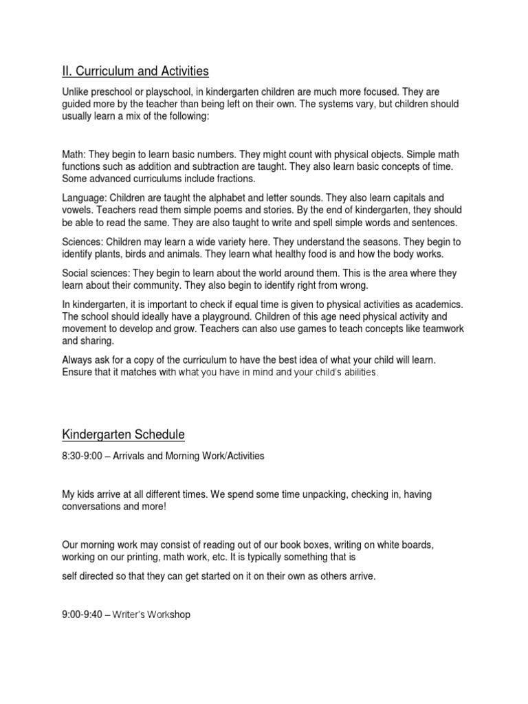A Day in Kindergarten: An Overview of the Curriculum, Activities, and ...