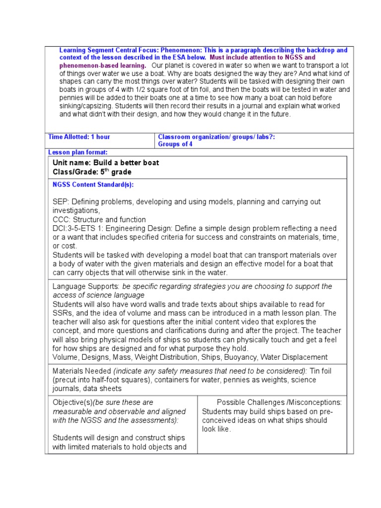 Unit Name: Build A Better Boat Class/Grade: 5 Grade: Must Include ...