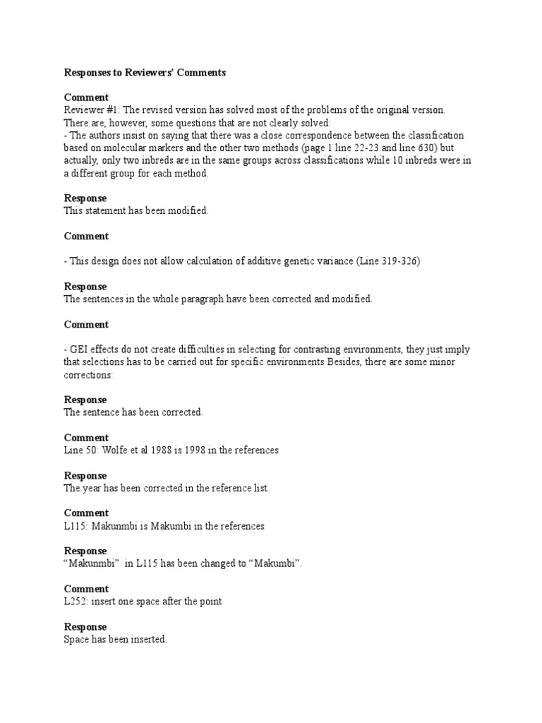 Responses To Reviewers' Comments Comment | PDF