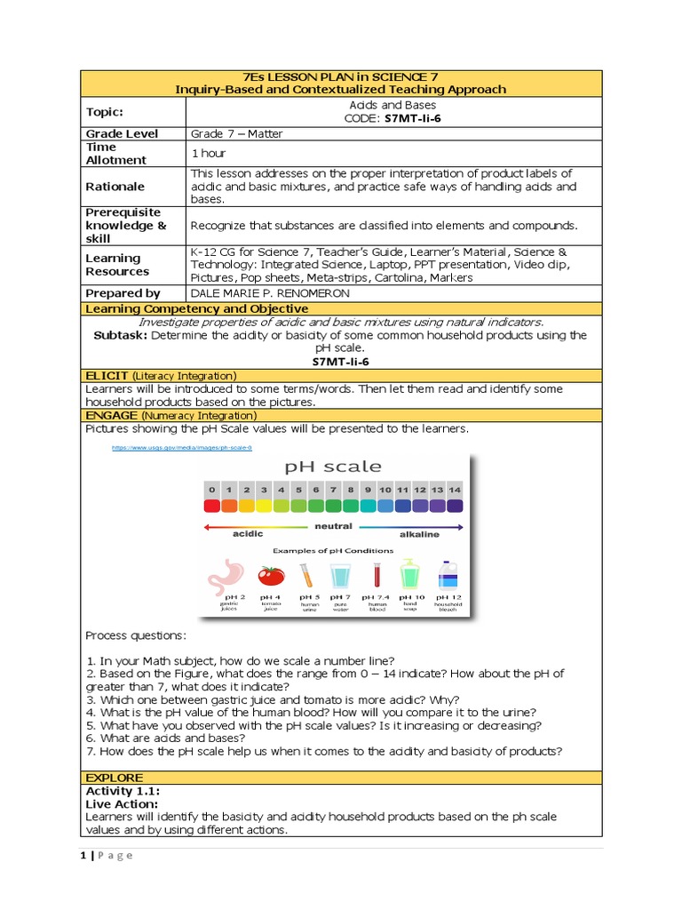 7es Lesson Plan in Grade 7 1st Quarter | PDF | Ph | Acid