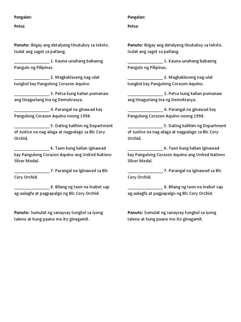 Quiz Filipino 6 July 12 | PDF