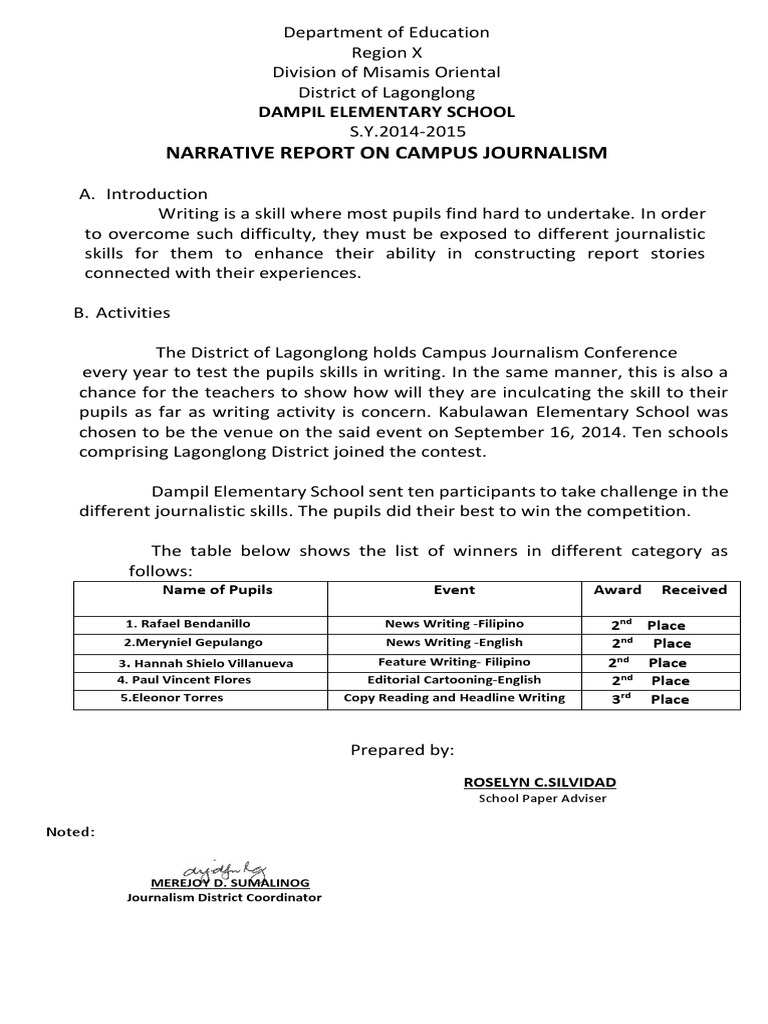 Narrative Report On Campus Journalism | PDF