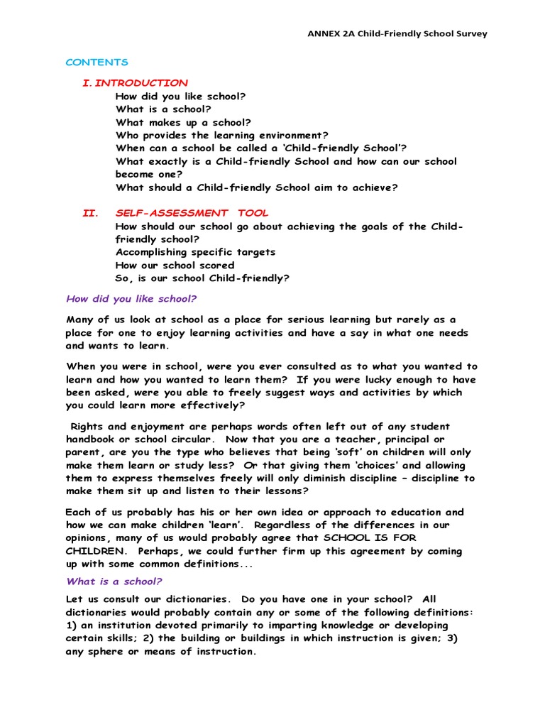 SIP Annex 2A Child Friendly School Survey | PDF | Schools | Teachers