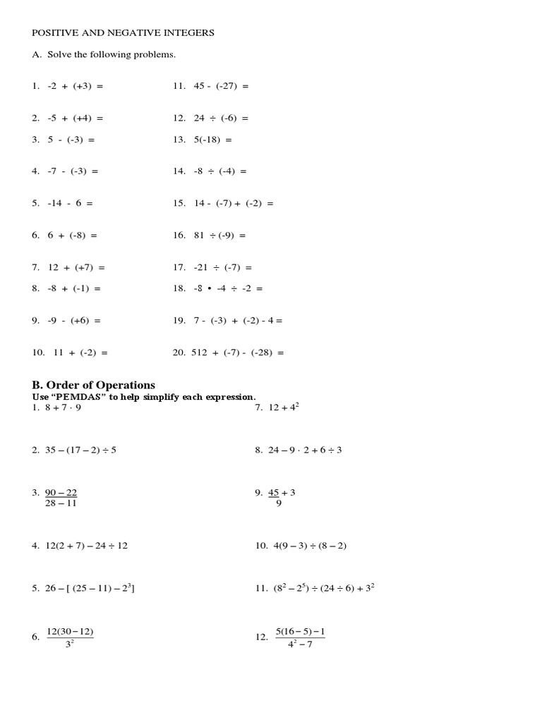 B. Order of Operations: Use "PEMDAS" To Help Simplify Each Expression ...