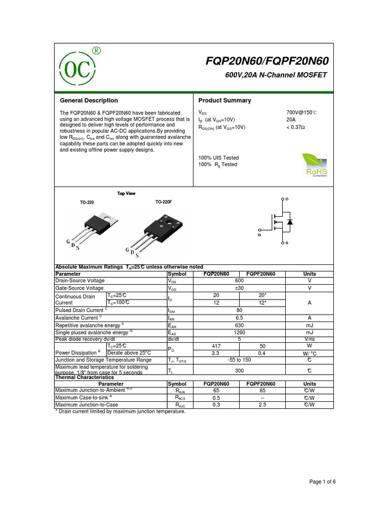 FQP20N60/FQPF20N60: General Description Product Summary | PDF | Diode ...