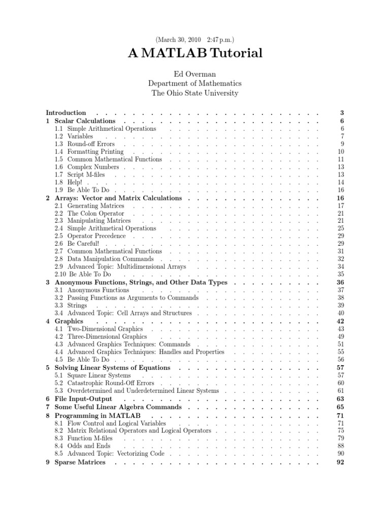 Matlab Tutorial | PDF | Matrix (Mathematics) | Numerical Analysis