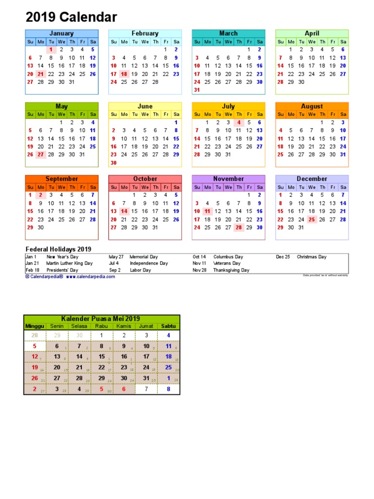 2019 Calendar Landscape Year at A Glance in Color | PDF | Secular ...
