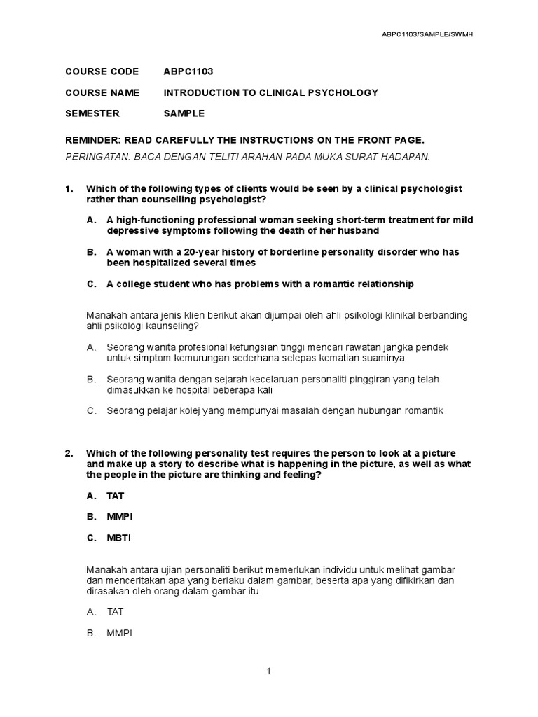 Clinical Psychology Sample Exam Questions | PDF | Clinical Psychology ...