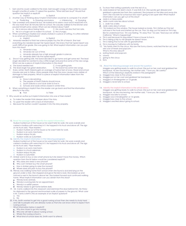 Explicit and Implicit Quiz | PDF