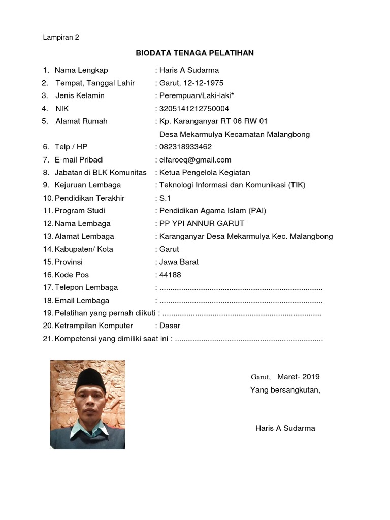 Form Biodata TENAGA PELATIHAN | PDF