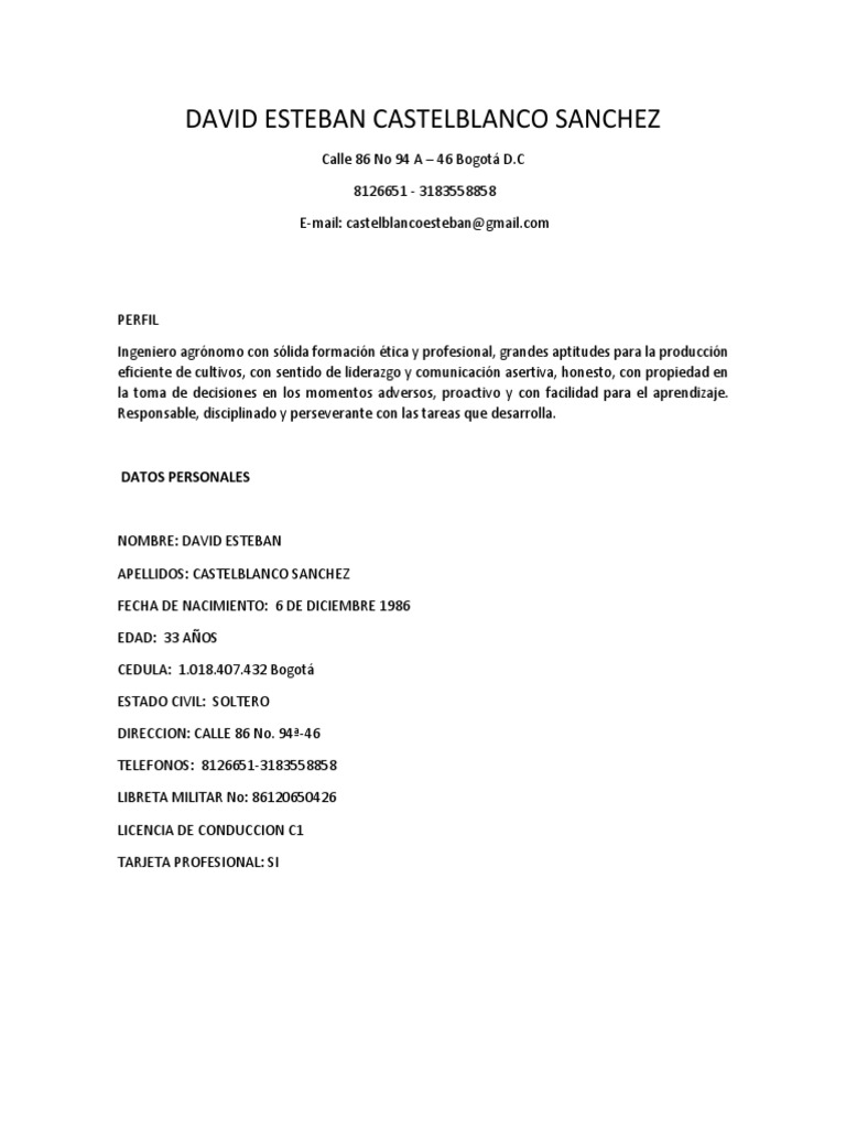 David Esteban Castelblanco Sanchez | PDF | Bogotá | Agronomía