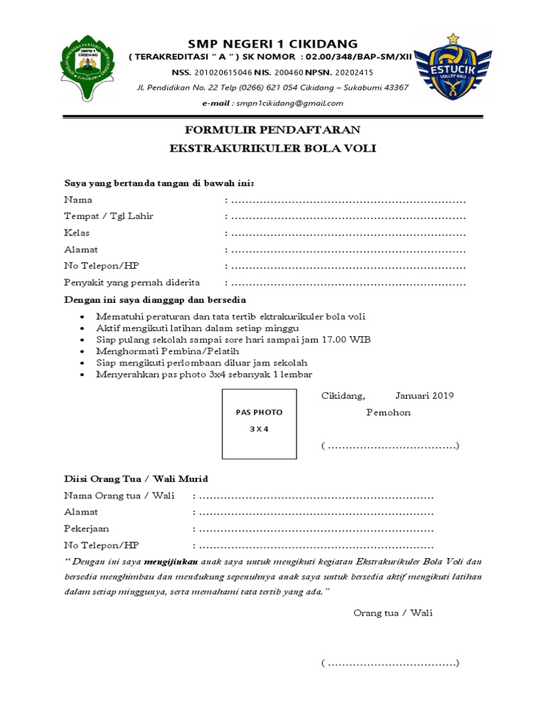 Formulir Pendaftaran Eskul Voli | PDF