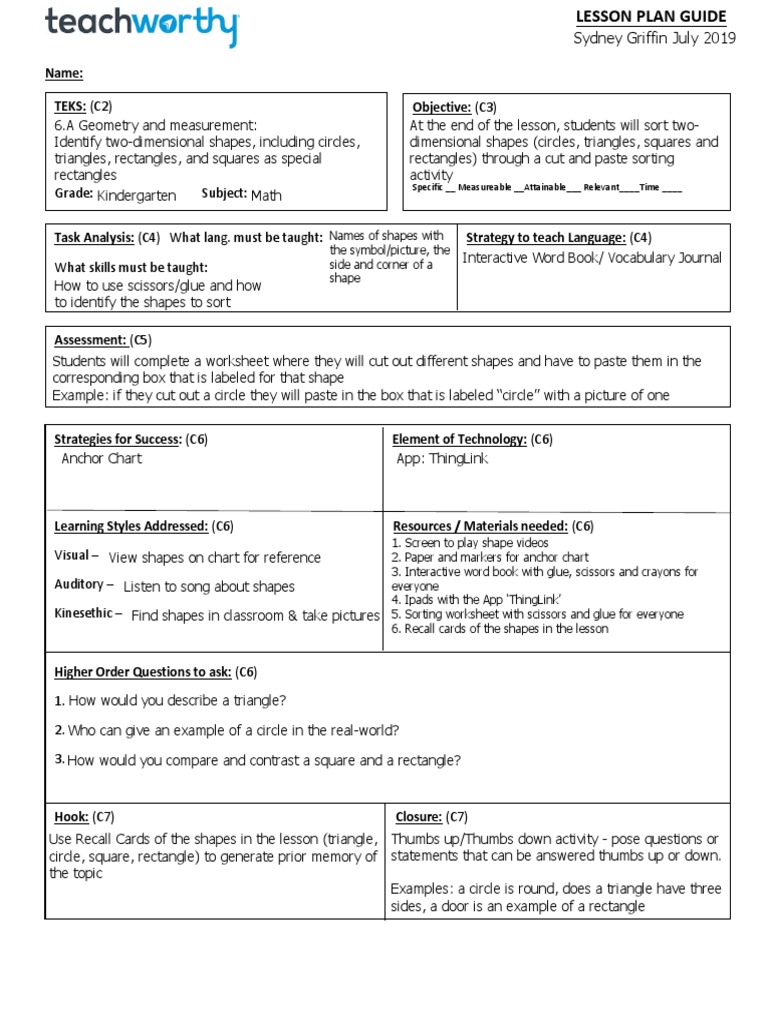 Lesson Plan Guide | PDF | Shape | Worksheet