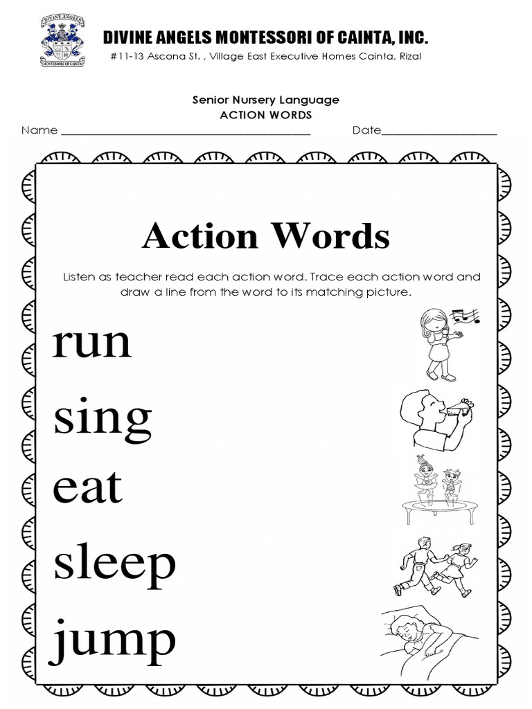 Action Words Worksheet for Nursery | PDF