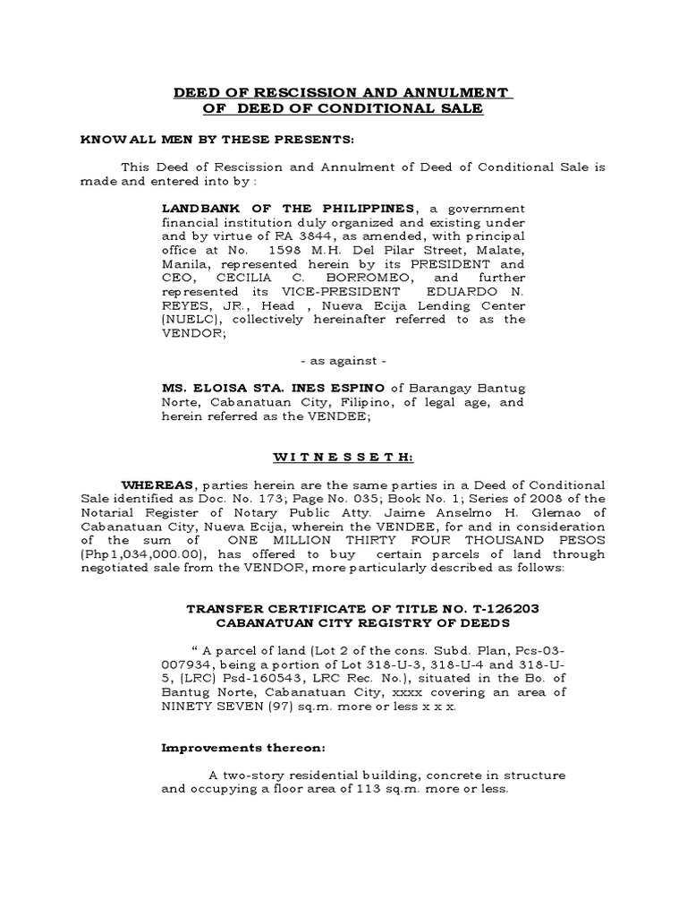 Rescission of Conditional Sale Deed | PDF | Law And Economics | Civil ...