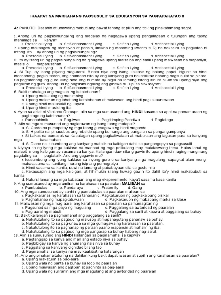 Ikaapat Na Markahang Pagsusulit Sa Edukasyon Sa Pa | PDF