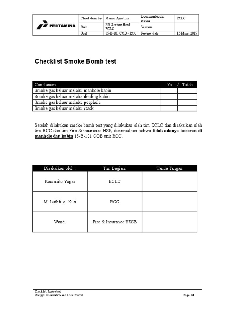 Checklist Smoke Bomb Test | PDF