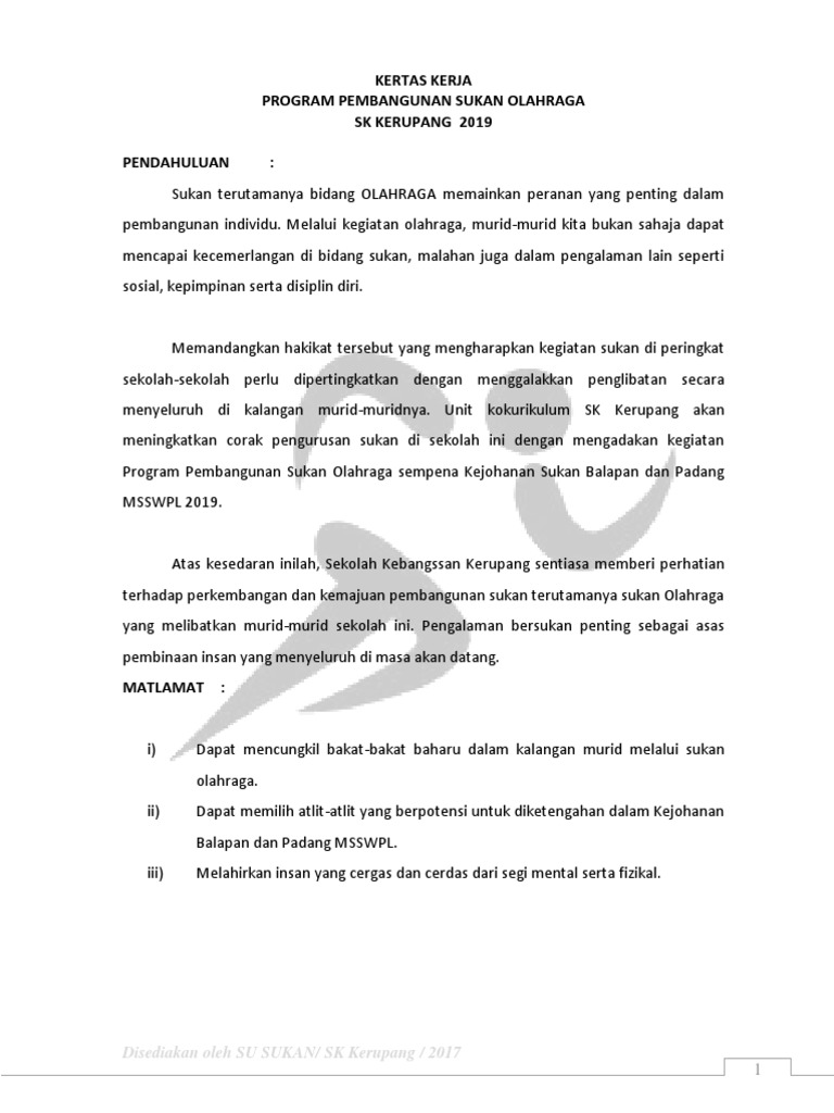 Kertas Kerja Pembangunan Sukan Olahraga 2019 | PDF