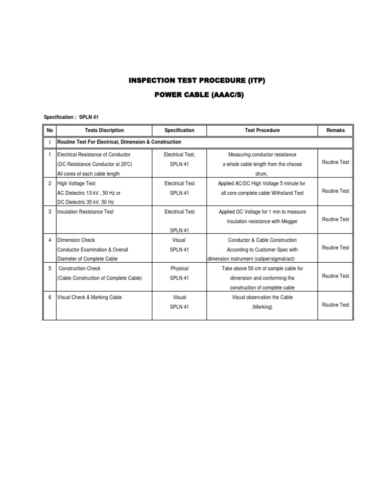 Inspection Test Procedure (Itp) Power Cable (Aaac/S) | PDF