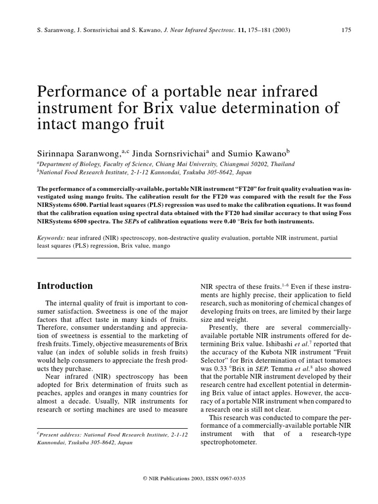 Performance of A Portable Near Infrared Instrument For Brix Value ...