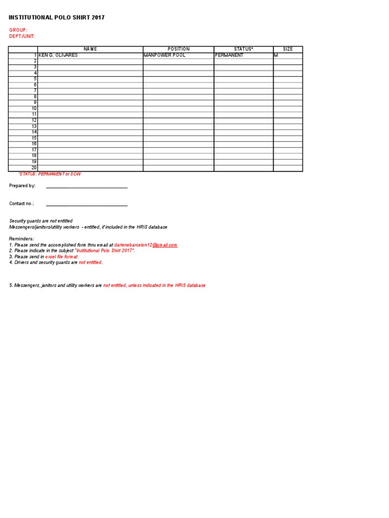 Institutional Polo Shirt Order Form for 2017 Including Employee Names ...