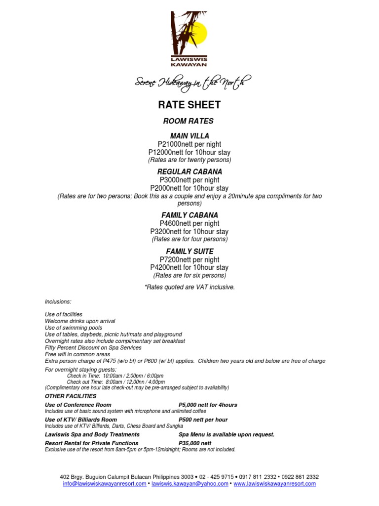 A Comprehensive Rate Sheet and Guide for Lawiswis Kawayan Resort ...