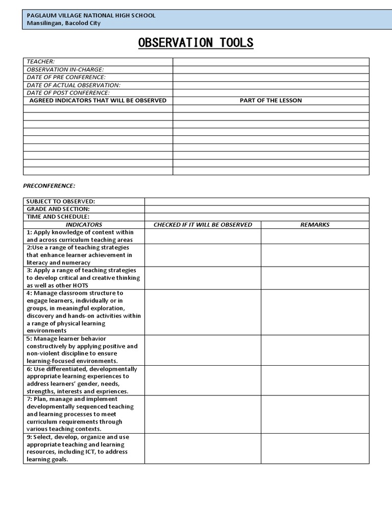 Observation Tools: Agreed Indicators That Will Be Observed Part of The ...