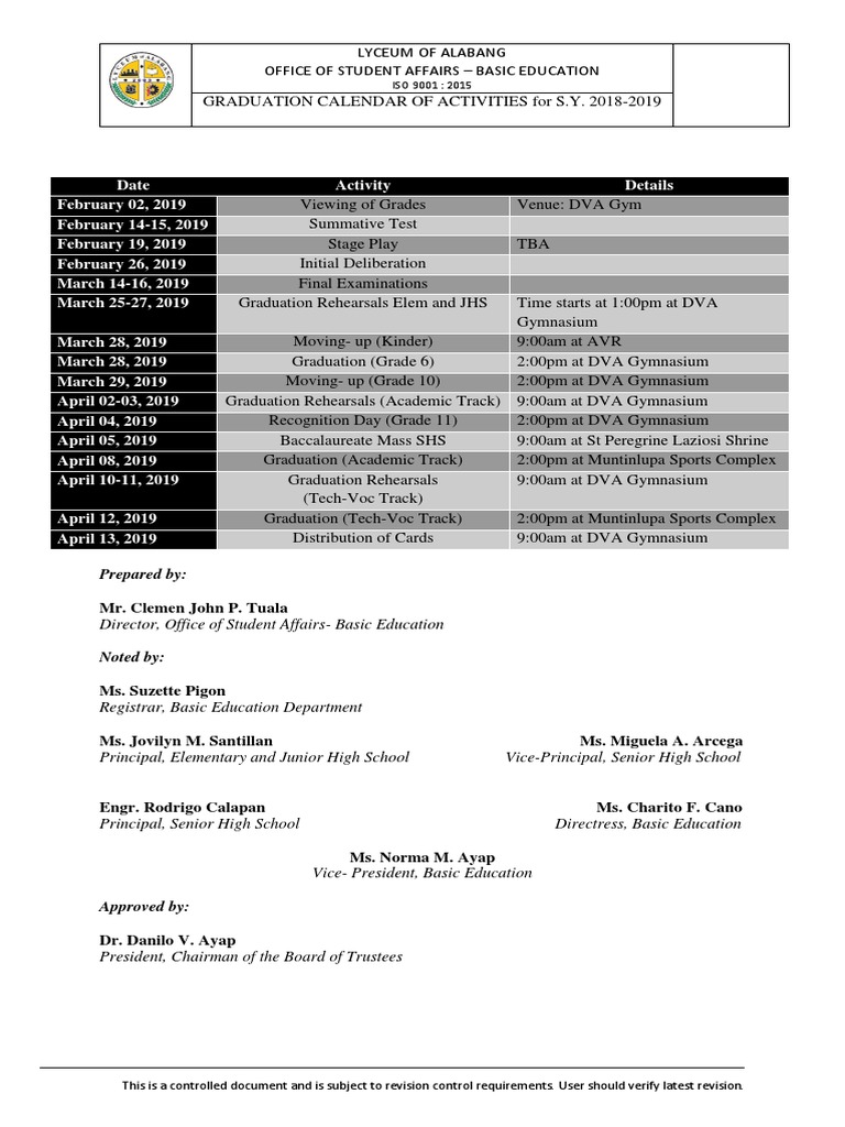 Graduation Day Calendar 2019 | Download Free PDF | Educational ...