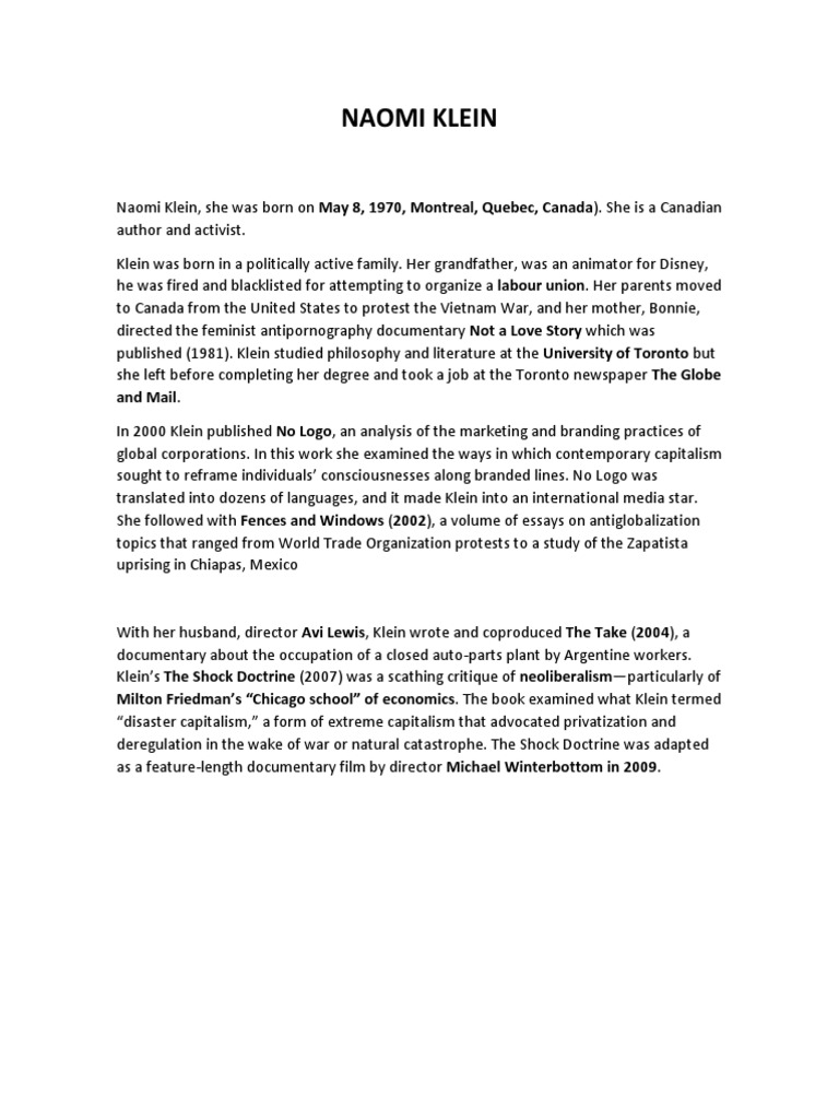 Naomi Klein: A Biography of the Renowned Canadian Author and Activist Critiquing Neoliberalism ...