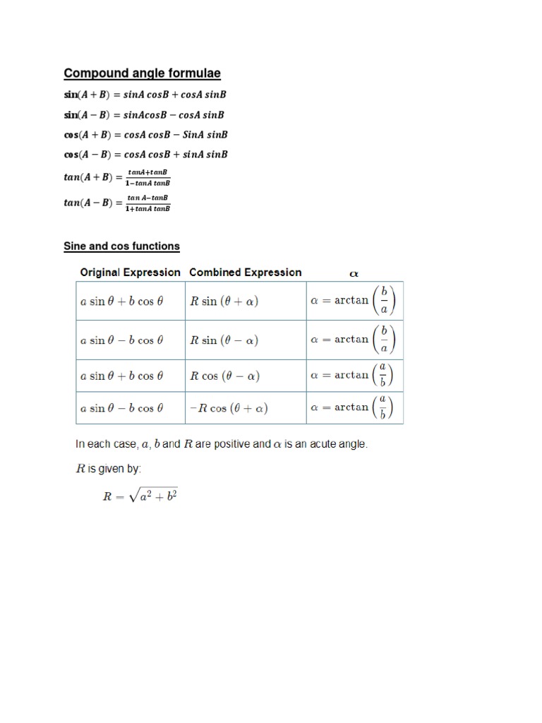 Compound Angle Formulae: Sine and Cos Functions | PDF | Trigonometric ...