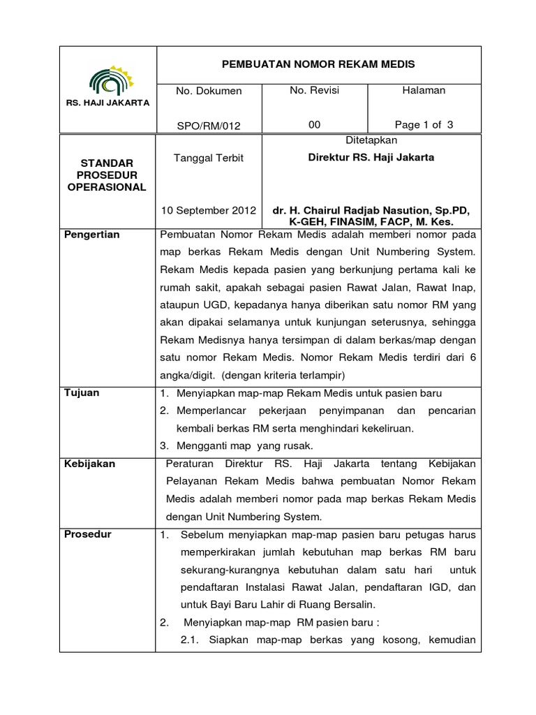 Rm. 012. Pembuatan Nomor Rekam Medis | PDF