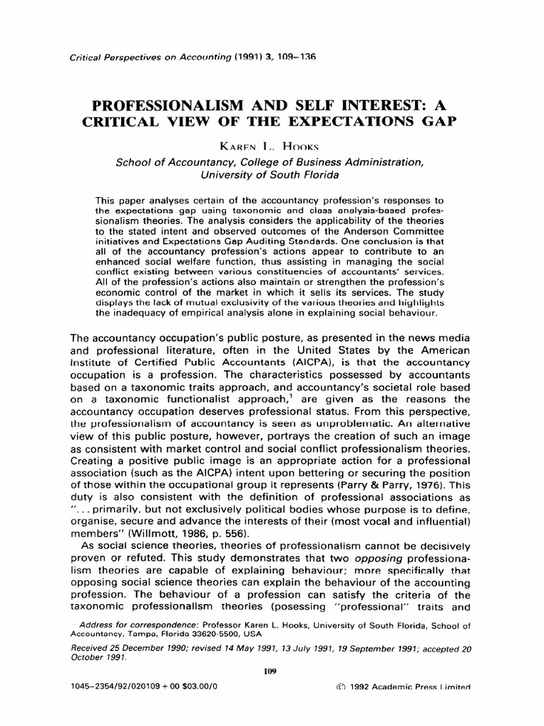 Professionalism and Self Interest: A Critical View of The Expectations ...