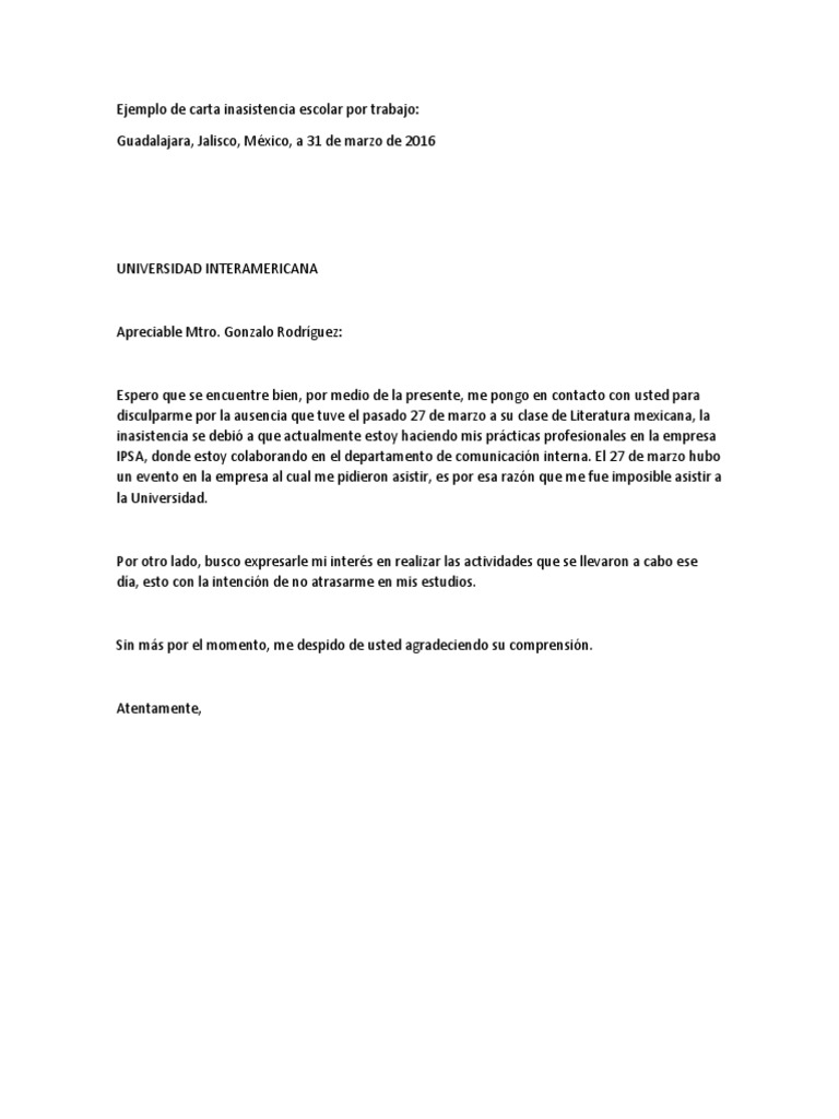 Ejemplo de Carta Inasistencia Escolar Por Salud | PDF