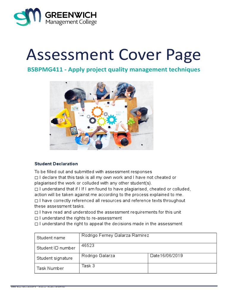 Assessment Cover Page: BSBPMG411 - Apply Project Quality Management ...
