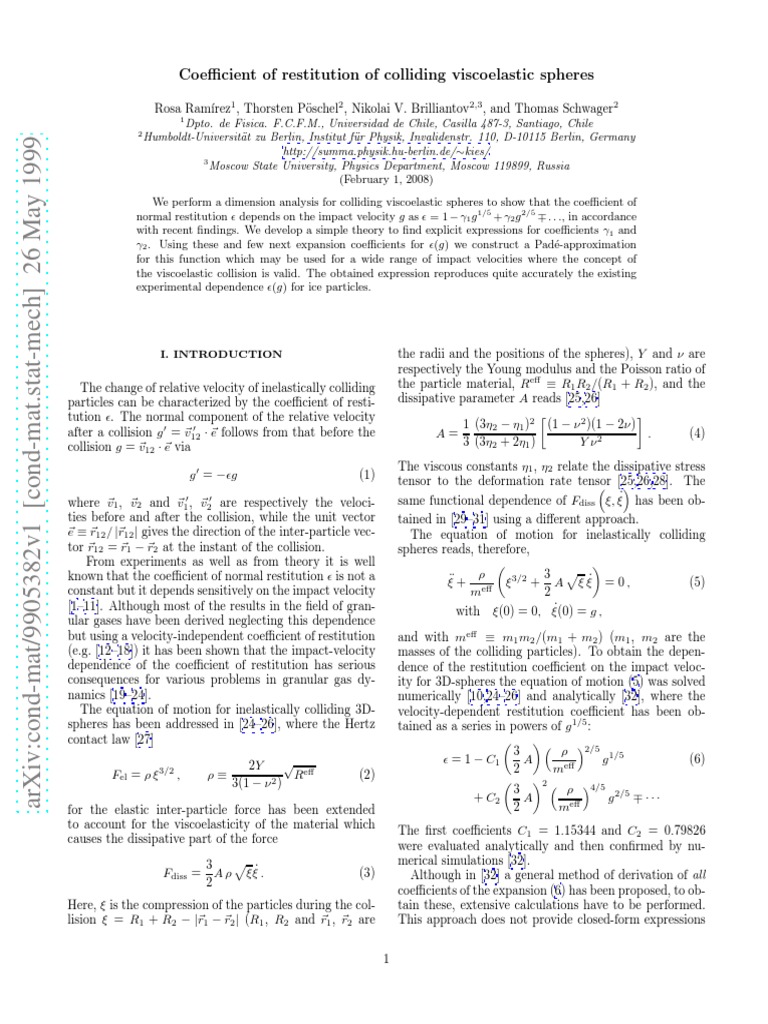 Coefficient of Restitution of Colliding Viscoelastic Spheres | PDF ...