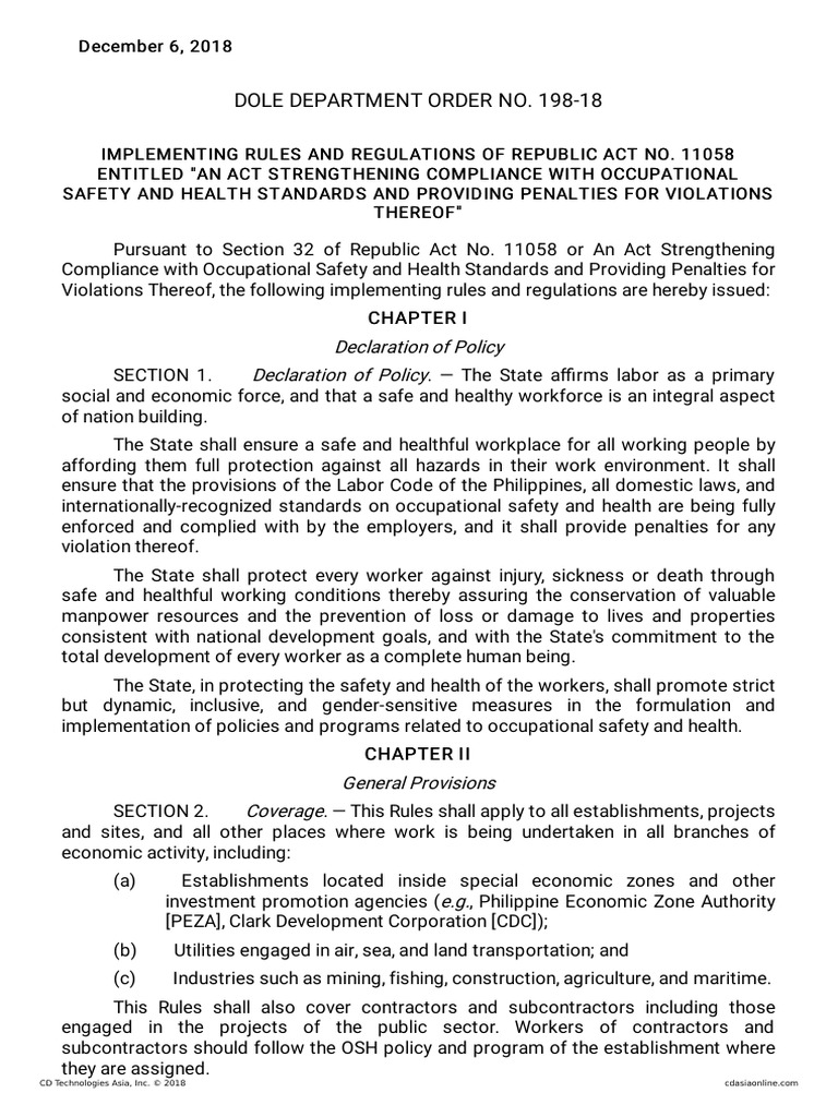 DOLE Department order No. 198-18 (IRR of R.A. 11058).pdf | Occupational ...