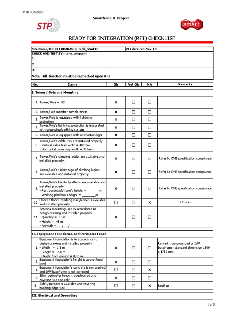 RFI Checklist Site BELOPARANG (Infill - SSul37) | PDF | Electricity ...