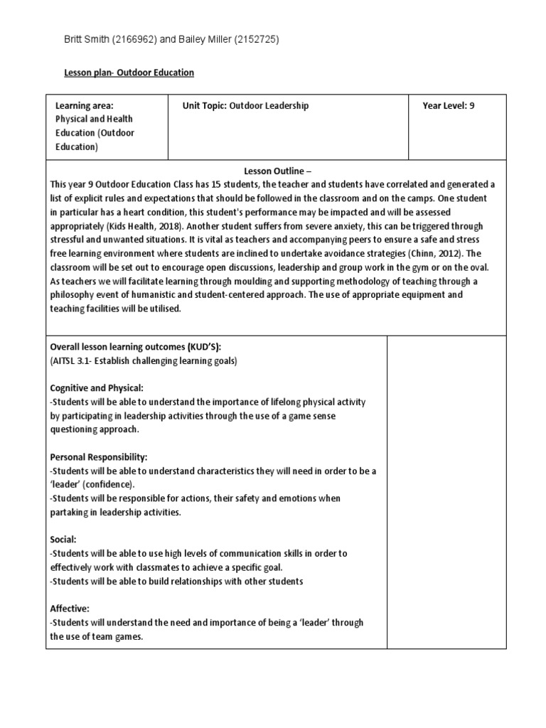 Outdoor Ed Lesson Plan 1 | Download Free PDF | Teachers | Leadership