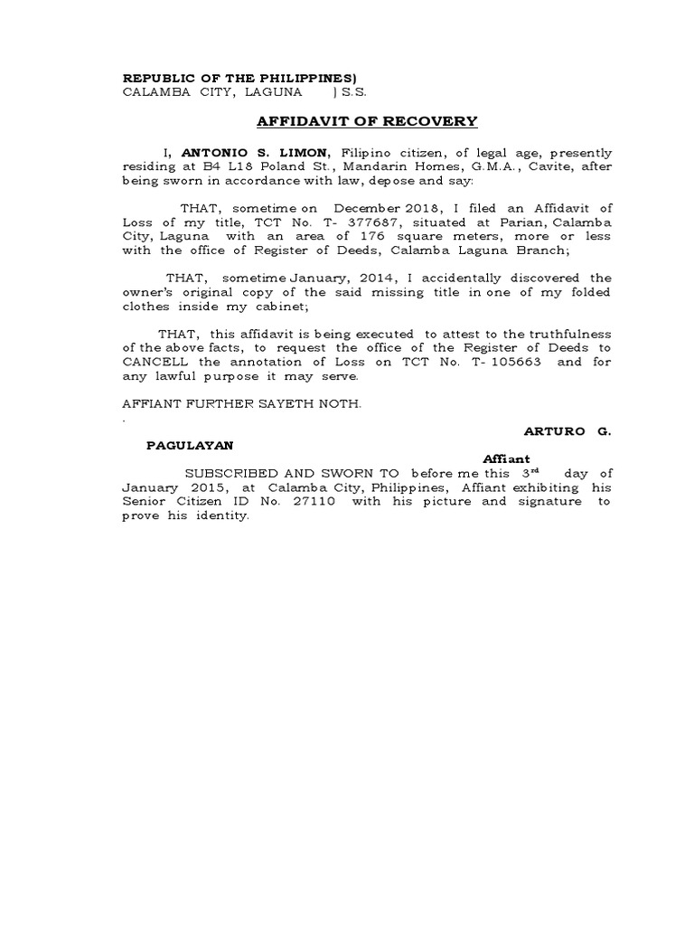 Affidavit of Recovery: Republic of The Philippines) | PDF | Law