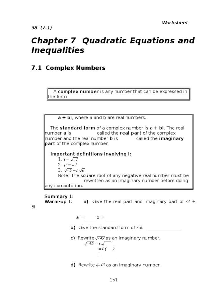 Chapter 7 Quadratic Equations and Inequalities: 7.1 Complex Numbers ...